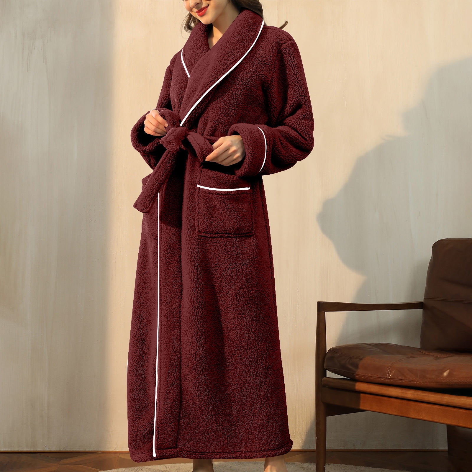 Lilgiuy Womens Solid Bandage Robe Bathrobe Gown Pajamas Long Sleepwear ...