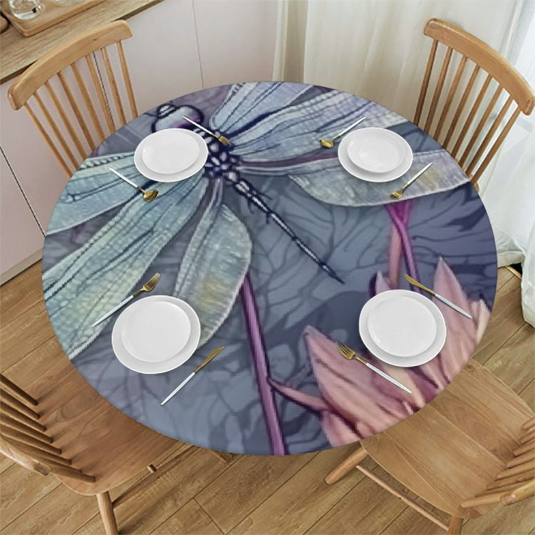 Lilies Dragonflies Round Tablecloth with Elastic Fitted Picnic Table ...