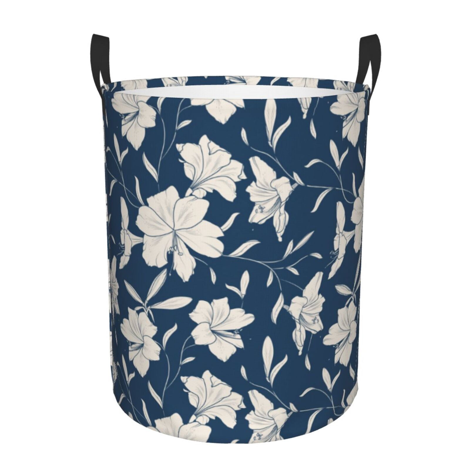 Lilies Flowers Navy Blue Laundry Basket, Laundry Hamper Waterproof ...