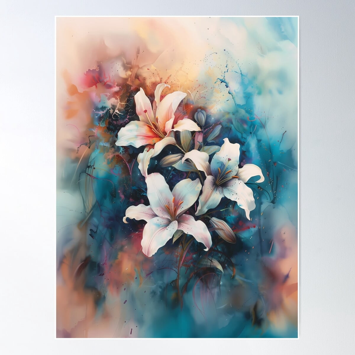Lilies In Greens N Blues Poster Wall Art, Modern Wall Decor For Living ...