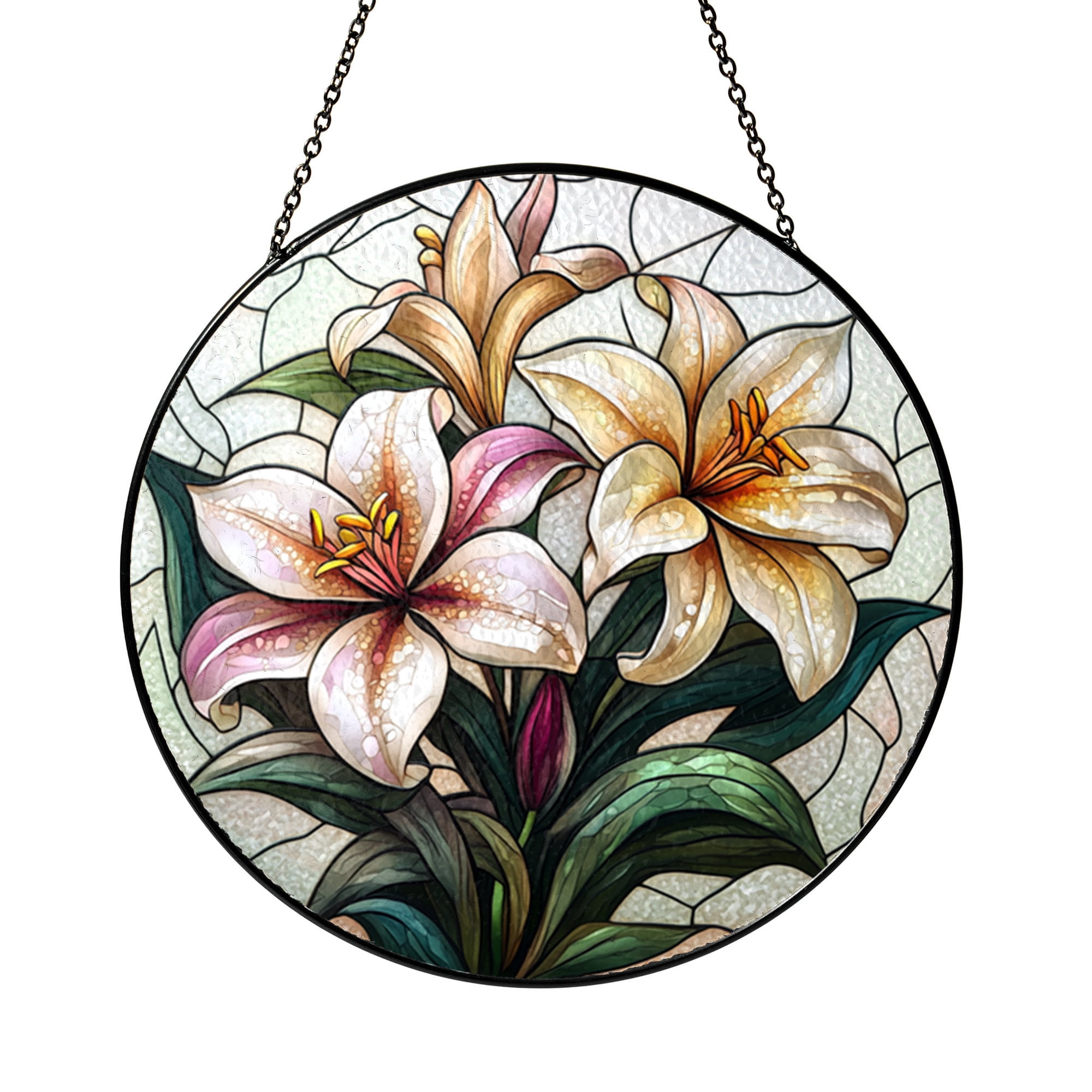 Lilies Stained Glass Suncatcher Circular Lily Flower Panel Window ...