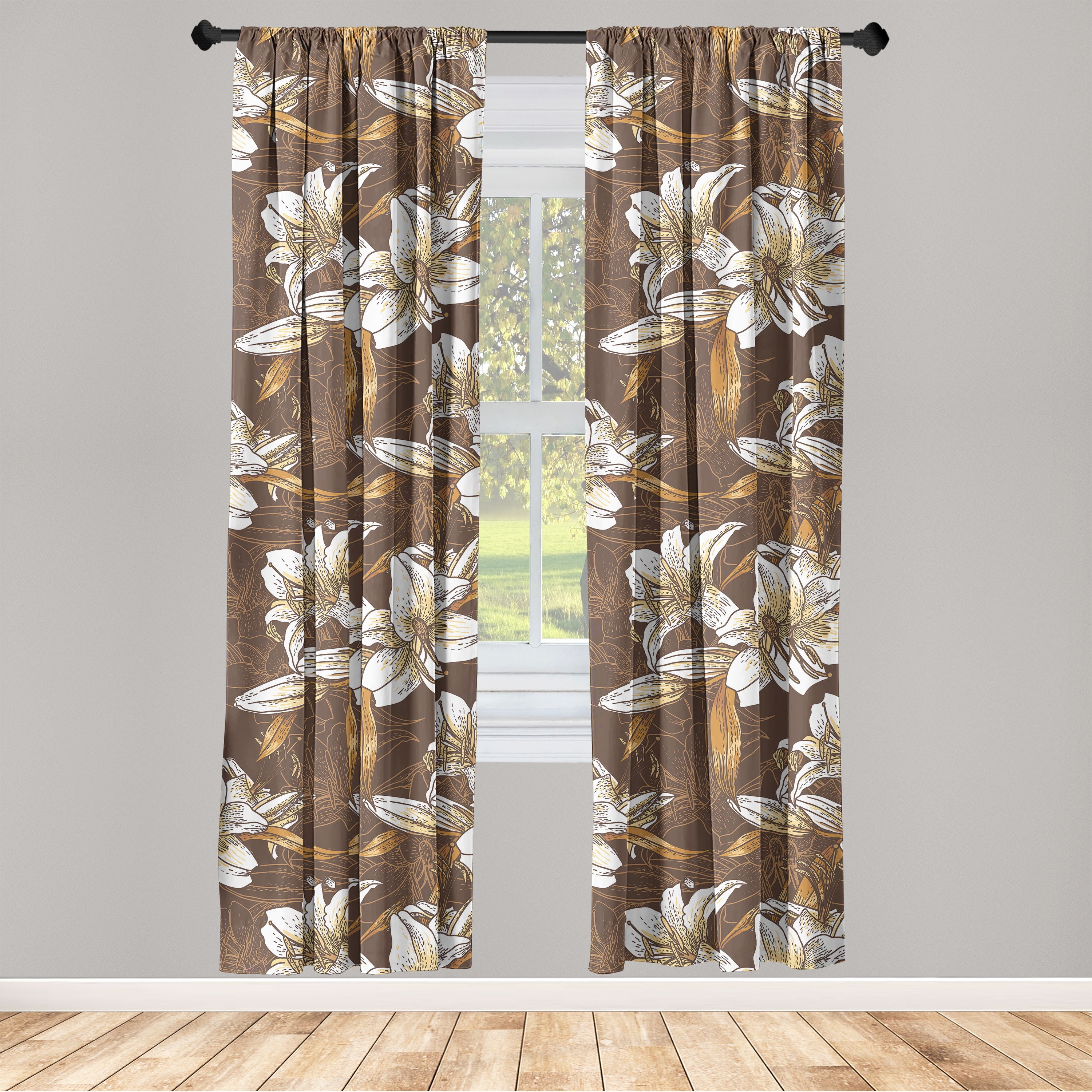 Lilies Window Curtains, Neutral Colors Boho Sketch Pattern of Flowers ...