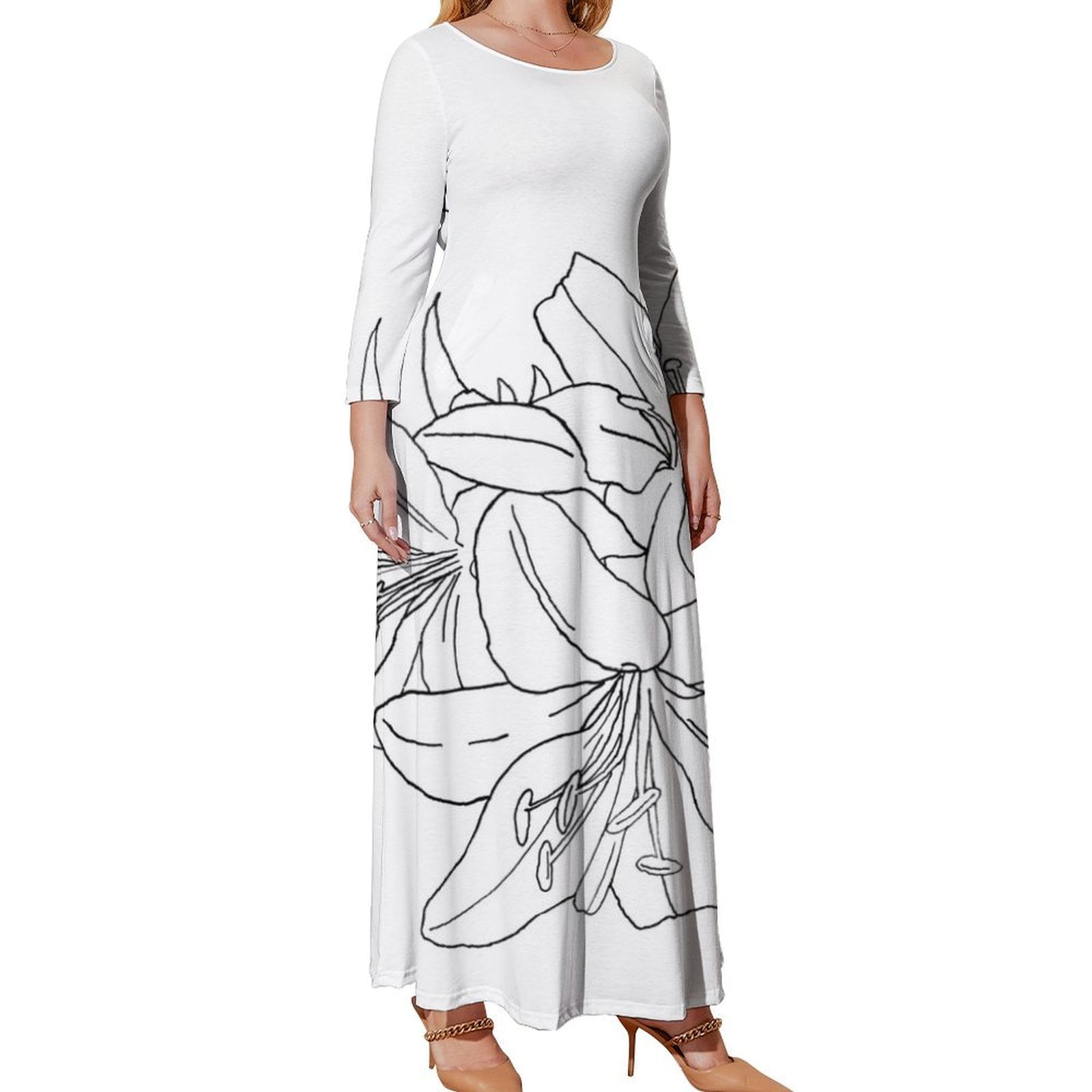 Lilies ink line art Long Sleeved Dress Dress for girls luxury women's party dress evening prom ...