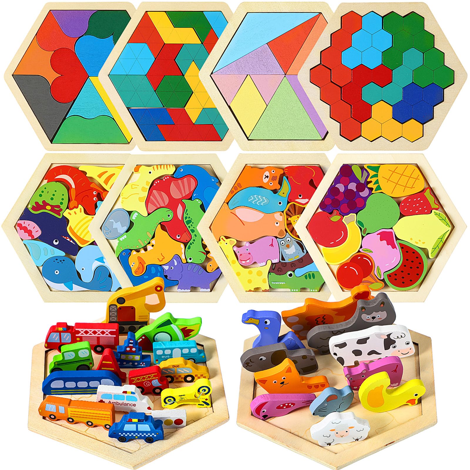 Liliful 10 Pack Wooden OIF8 Hexagon Tangram Blocks Puzzle for Kids ...