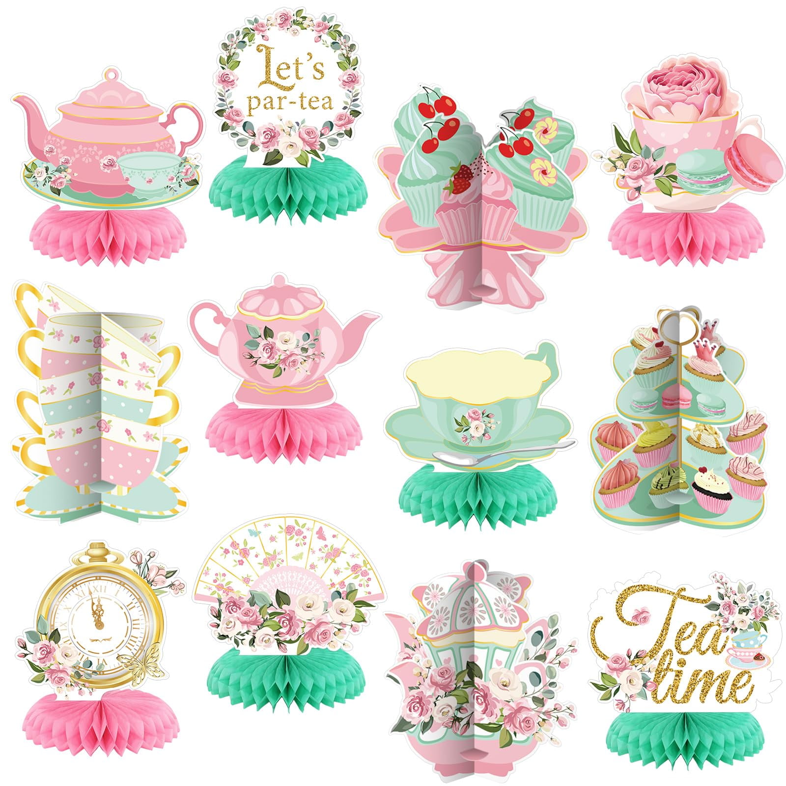 Liliful 12 Pcs Tea Party Decorations AIS1 Floral Teapot Honeycomb ...