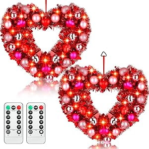 Liliful 2 Set 17 Inch Valentines Wreath Lighted Valentines Day Heart ...