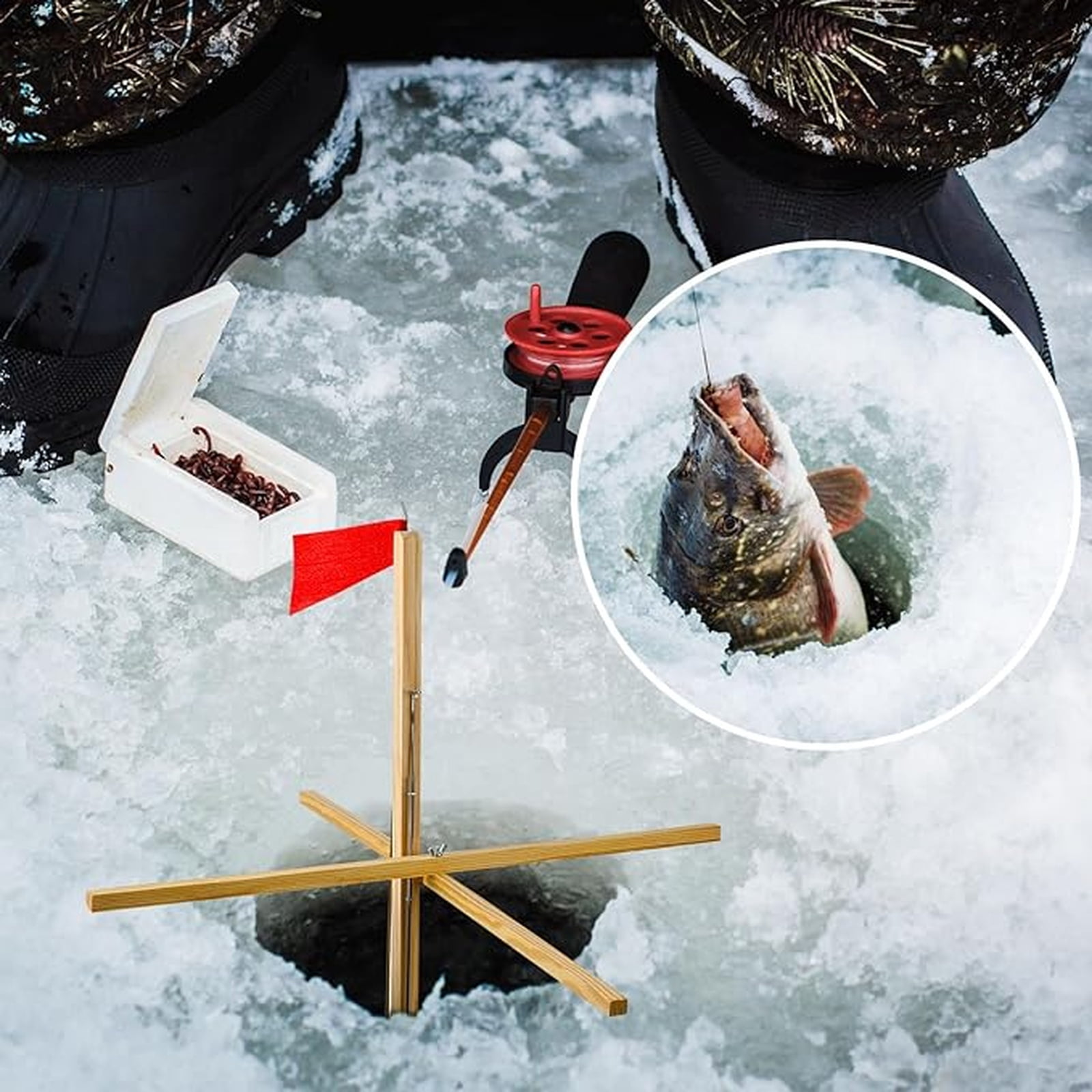 Liliful Ice Fishing Tip Ups with Tackle and , Wood Ice Fishing ...