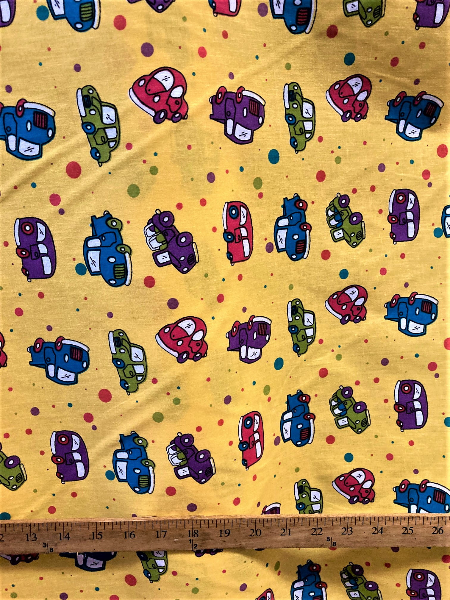 Lillycraft Mini-cars and buses on Yellow Polycotton Fabric is 58”/60 ...