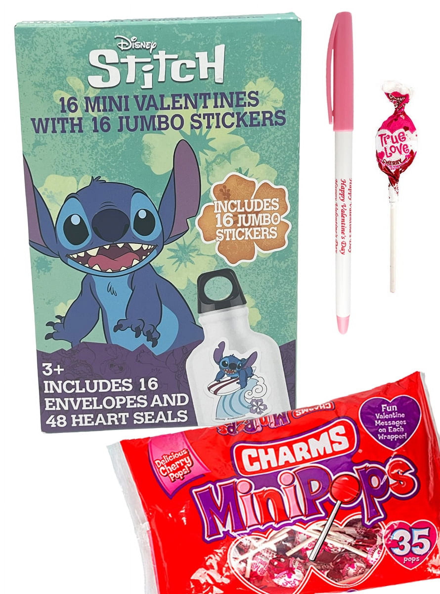 Lilo & Stitch 16 Valentine Cards with Envelopes Charms Lollipops MiniPops Candy, Jumbo Stickers ...