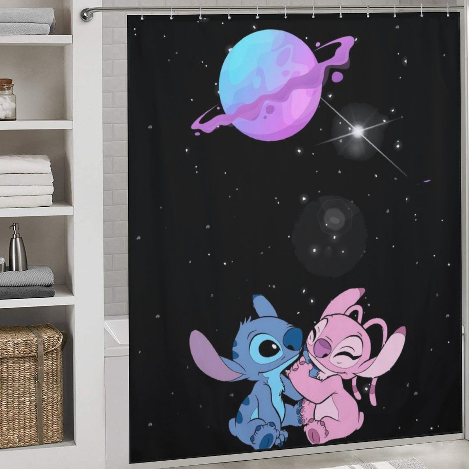 Lilo & Stitch Cute Angel & Stitch Hugging Chest Logo Shower Curtain ...