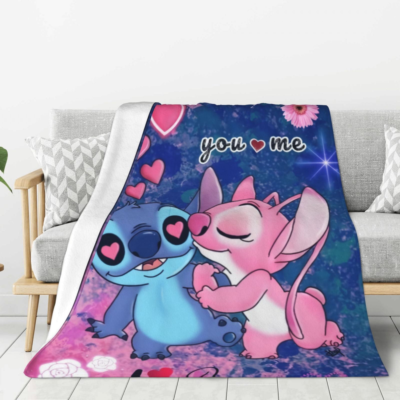 Lilo & Stitch Cute Angel & Stitch Hugging Chest Logo Fleece Blanket for ...