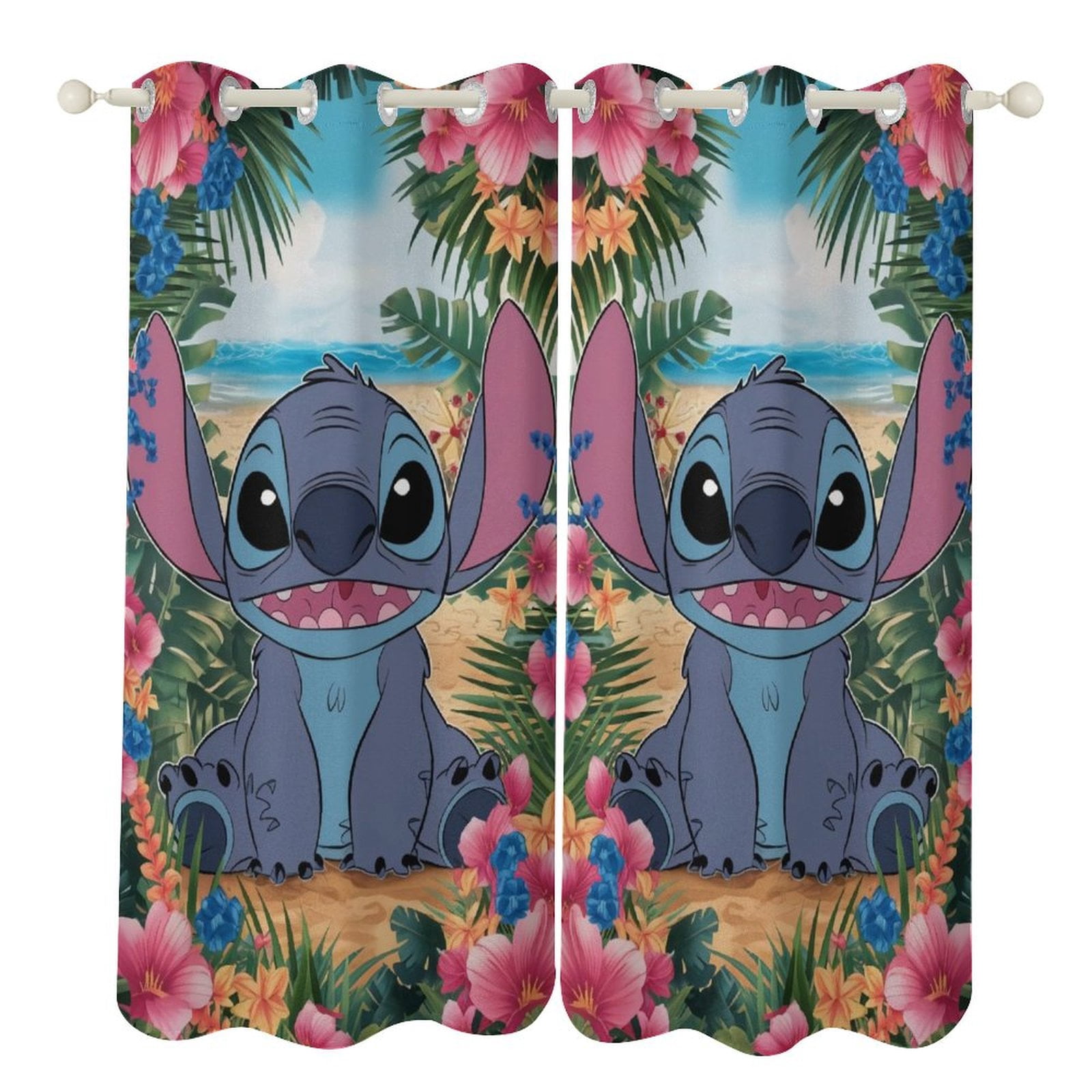 Lilo & Stitch Cute Face Hawaiian Flowers Portrait Curtains 84 Inch ...