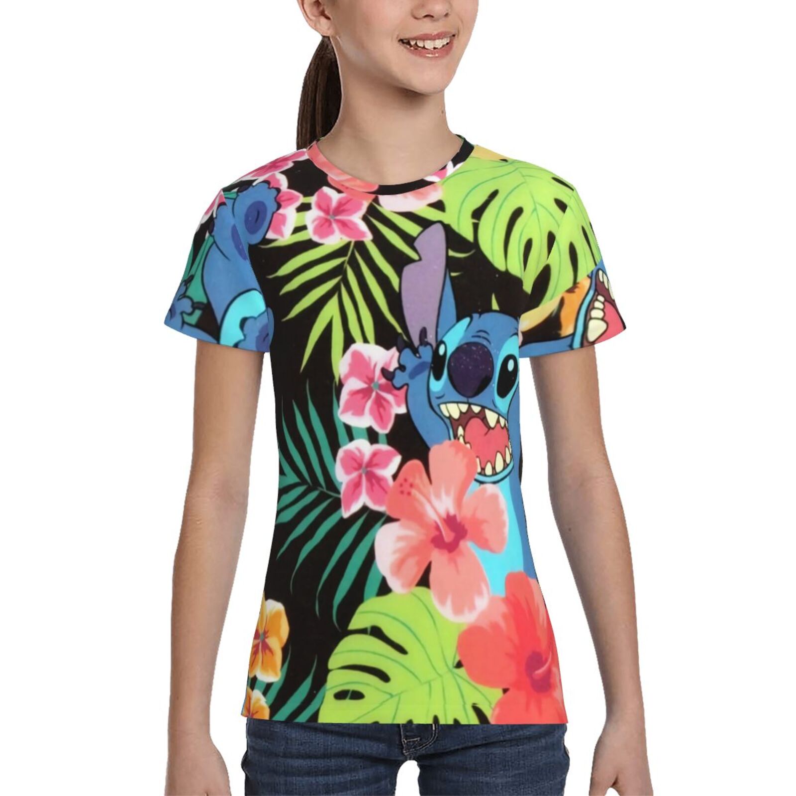 Lilo & Stitch Ohana Adorable Pose Floral Logo Shirts for Girls,Girls ...