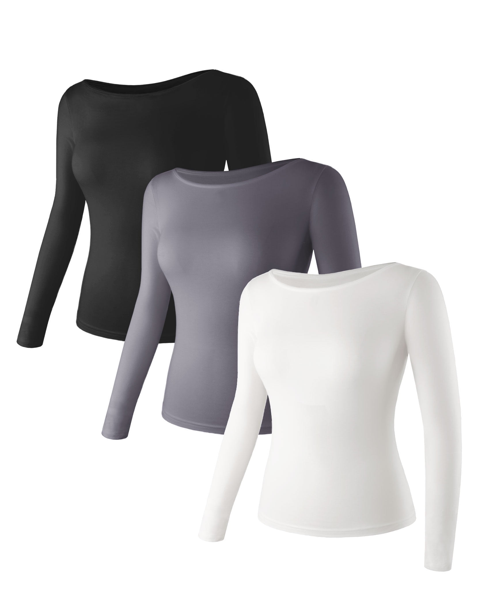 Liloak Womens T-shirts Long Sleeve Pack,3 Necklines Fitted Tops for ...