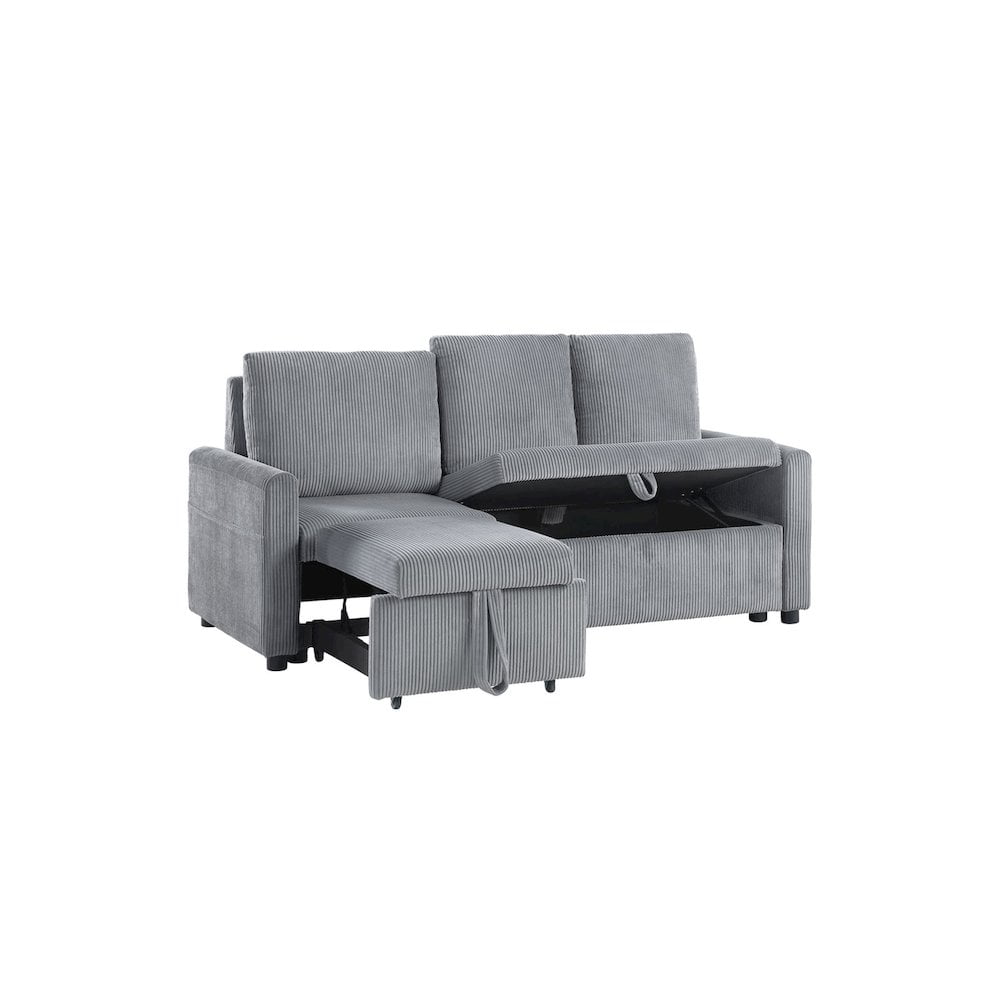 Lilola Home 70"W Gray Corduroy Sofa with Pull-Out Chaise, Underseat ...