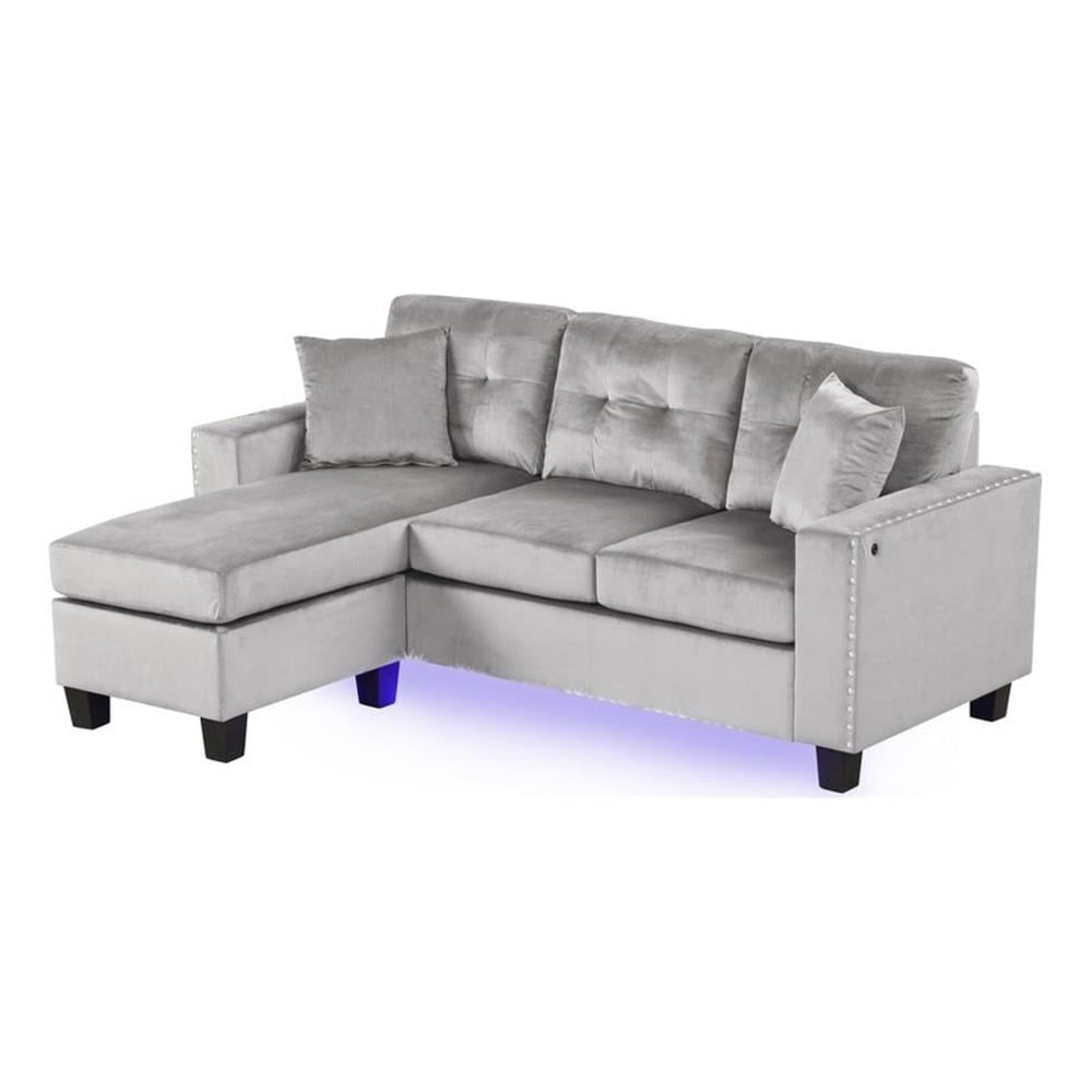 Sorenza 74"W Gray Velvet Rev.Sect Chaise w/LED+USB Port+Pillows+Tufted ...