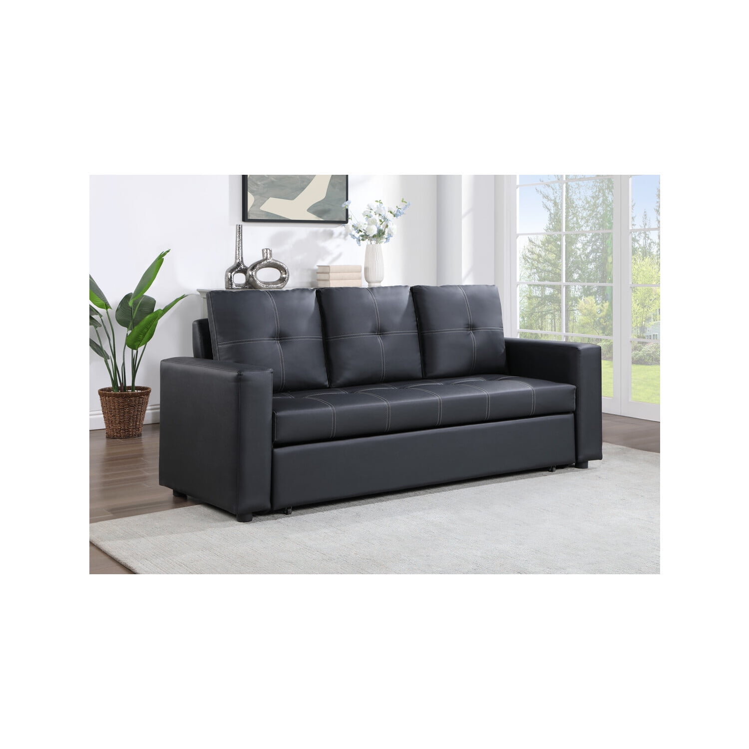 Lilola Home Aiden Faux Leather Sleeper Sofa with Tufting in Black ...