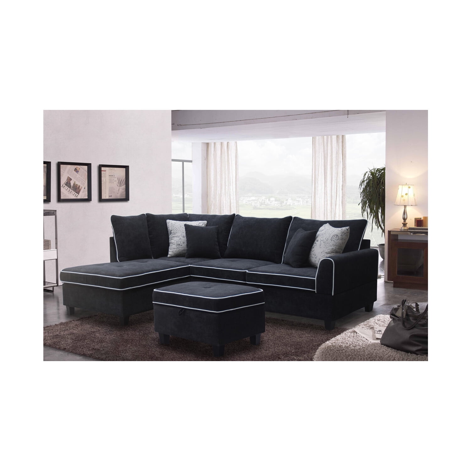 Harmony Black Fabric Sectional Sofa with Left-Facing Chaise and Storage ...