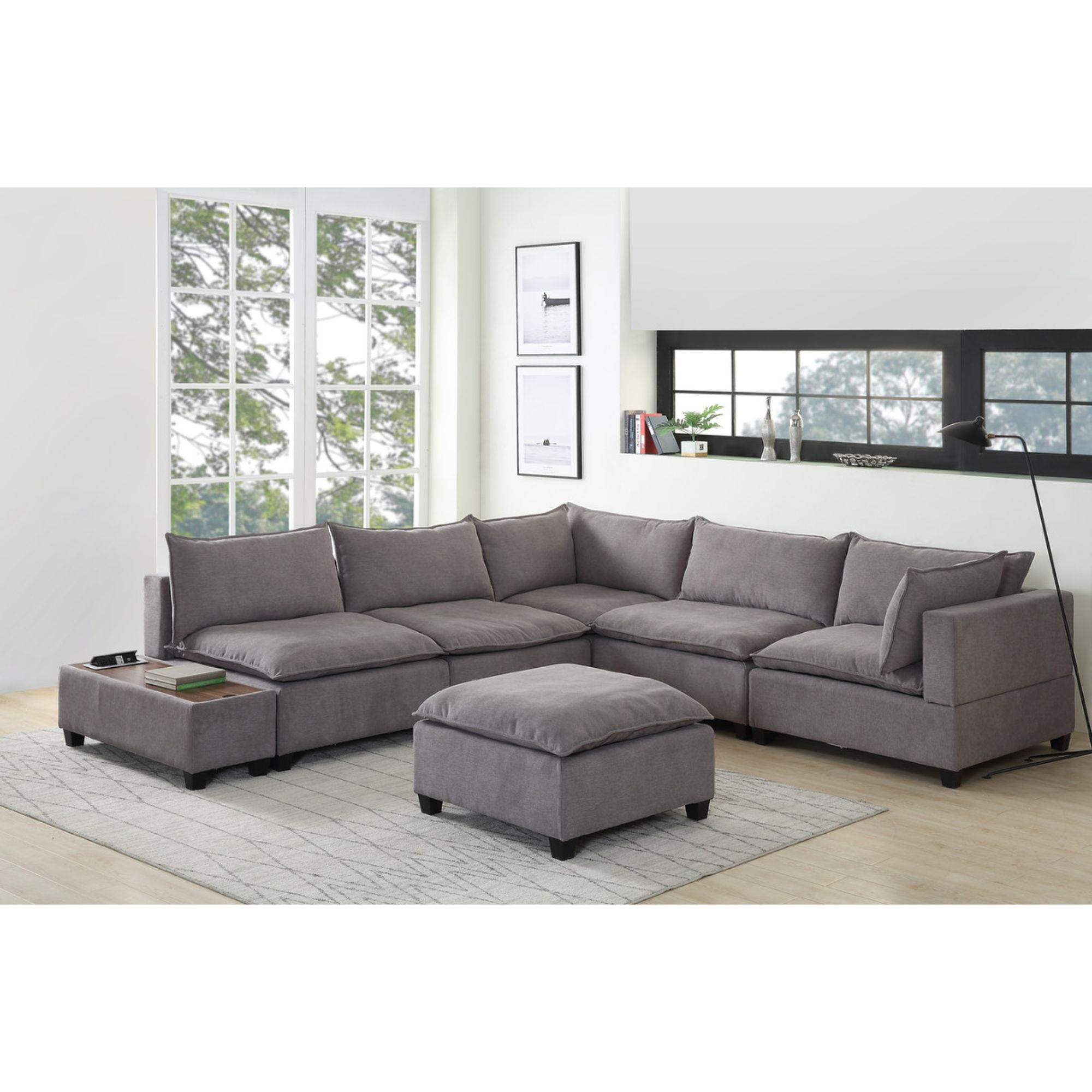 Lilola Home Madison Light Gray Fabric 7 Piec Modular Sectional Sofa with Ottoman and USB Storage ...