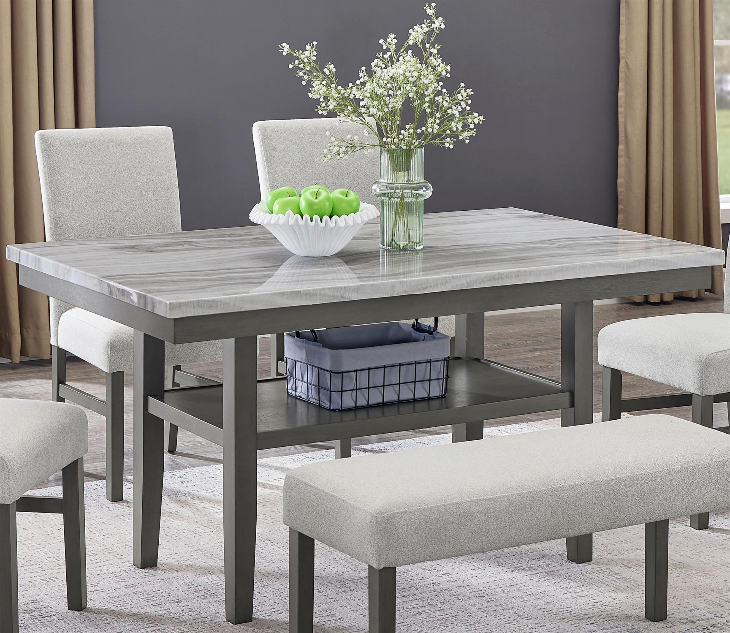 Selena 60" Gray Faux Marble Top Rect Dining Tbl w/Strg Shelf in Gray ...