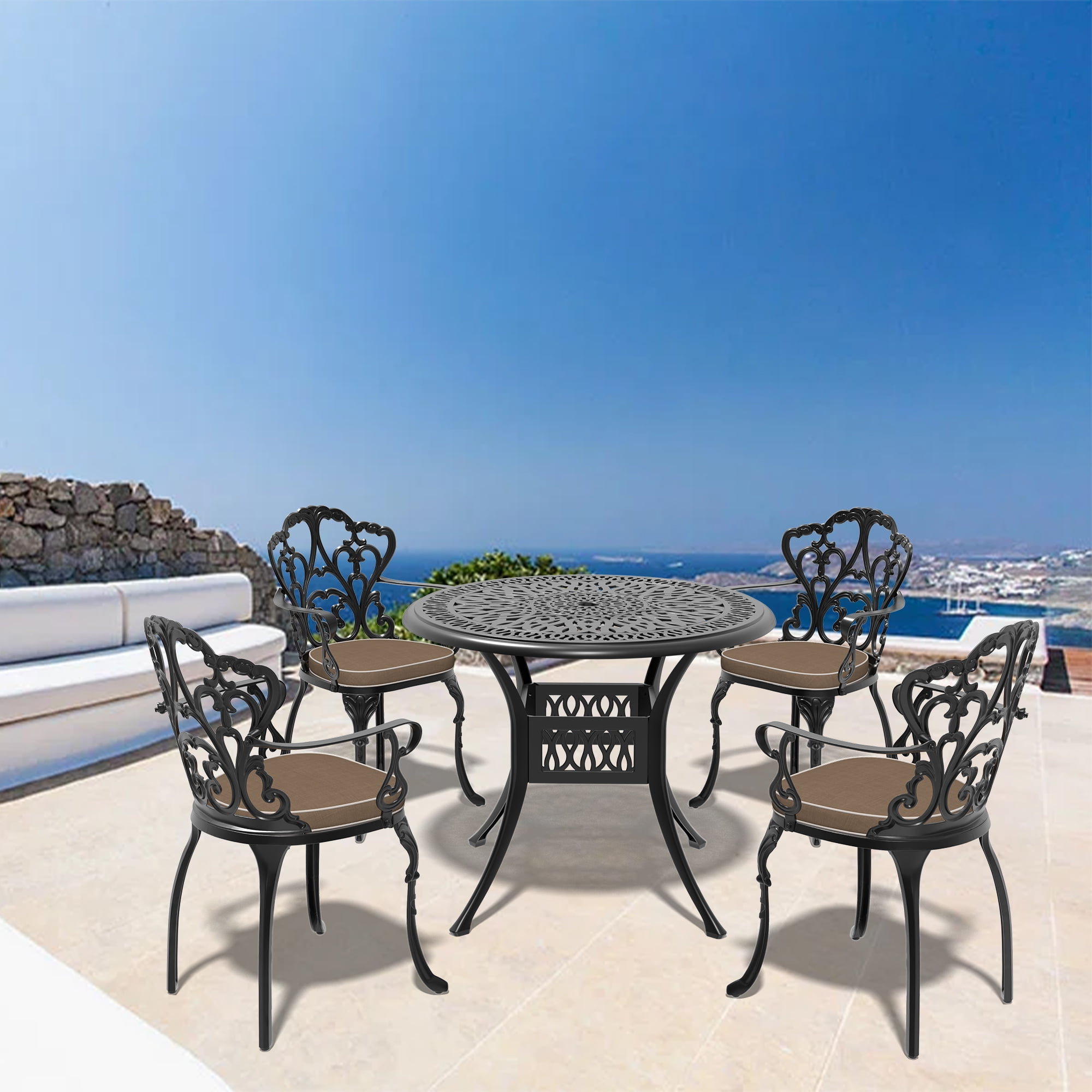 Hzzkey 3-Piece Round Cast Aluminum Patio Set , Random Color Cushions , Umbrella Hole , Black ...