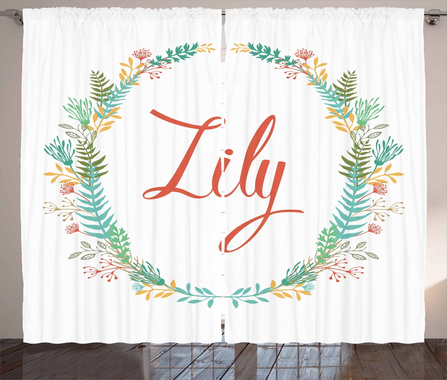 Lily Curtains 2 Panels Set, Colorful Wreath Design with Foliage Leaf ...