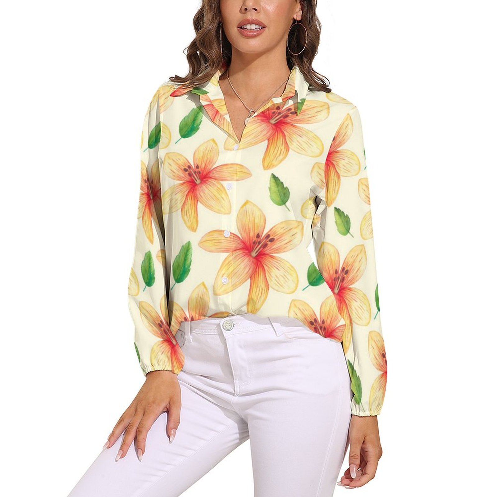 Lily Floral Blouse 90s Flower Kawaii Printed Blouses Woman Long-Sleeve ...
