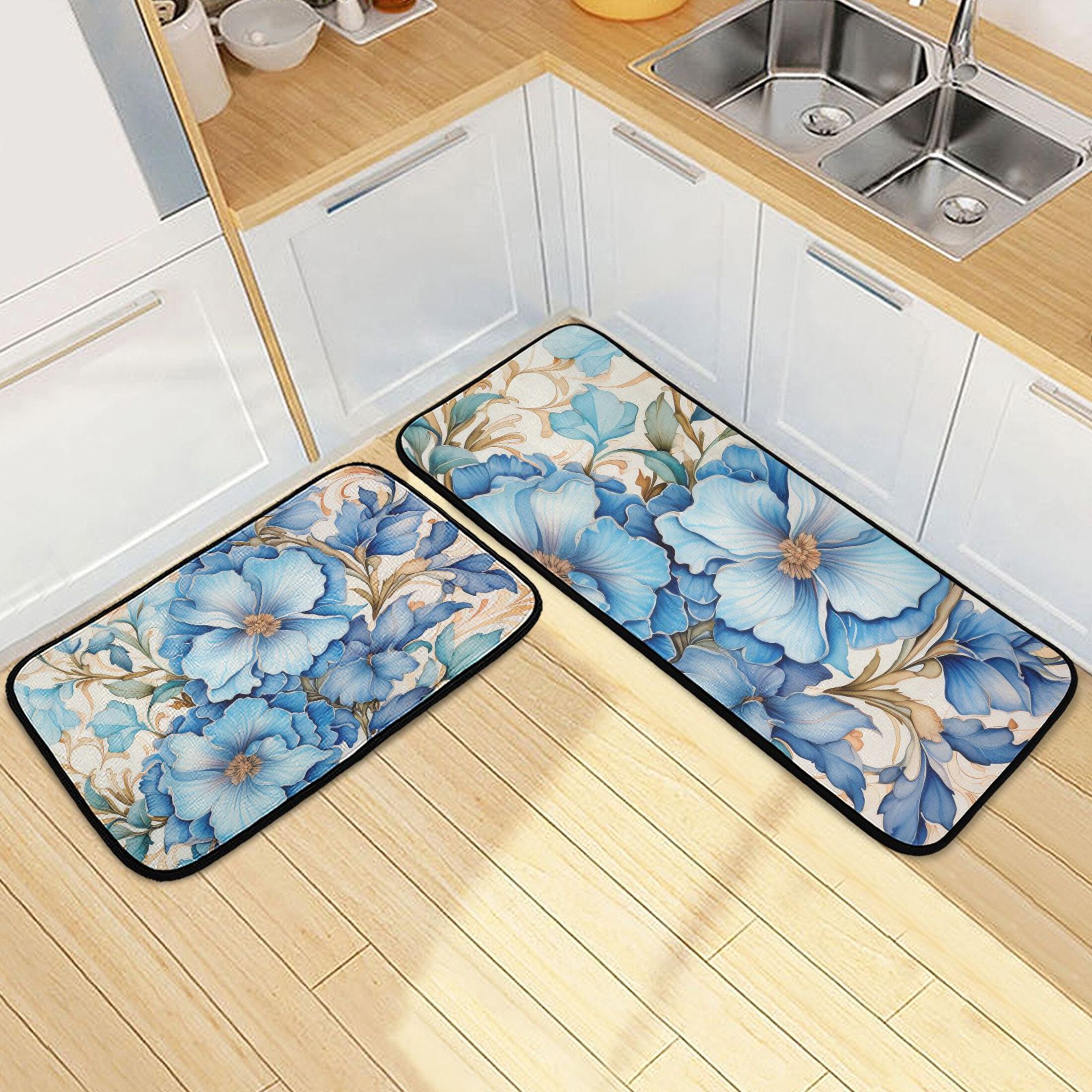Lily Flowers Blue Kitchen Mats Set 2 Piece Non Slip Floor Foam Rugs ...