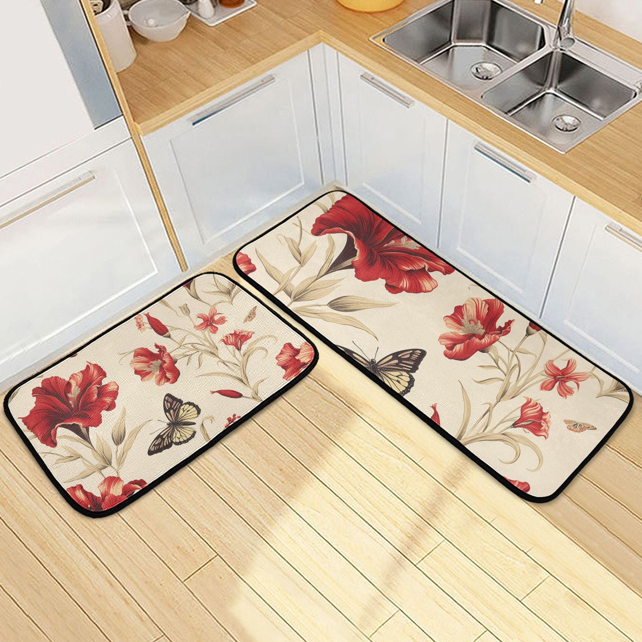 Lily Flowers Butterfly Kitchen Rugs Set of 2 Non Slip Floor Foam Mat ...
