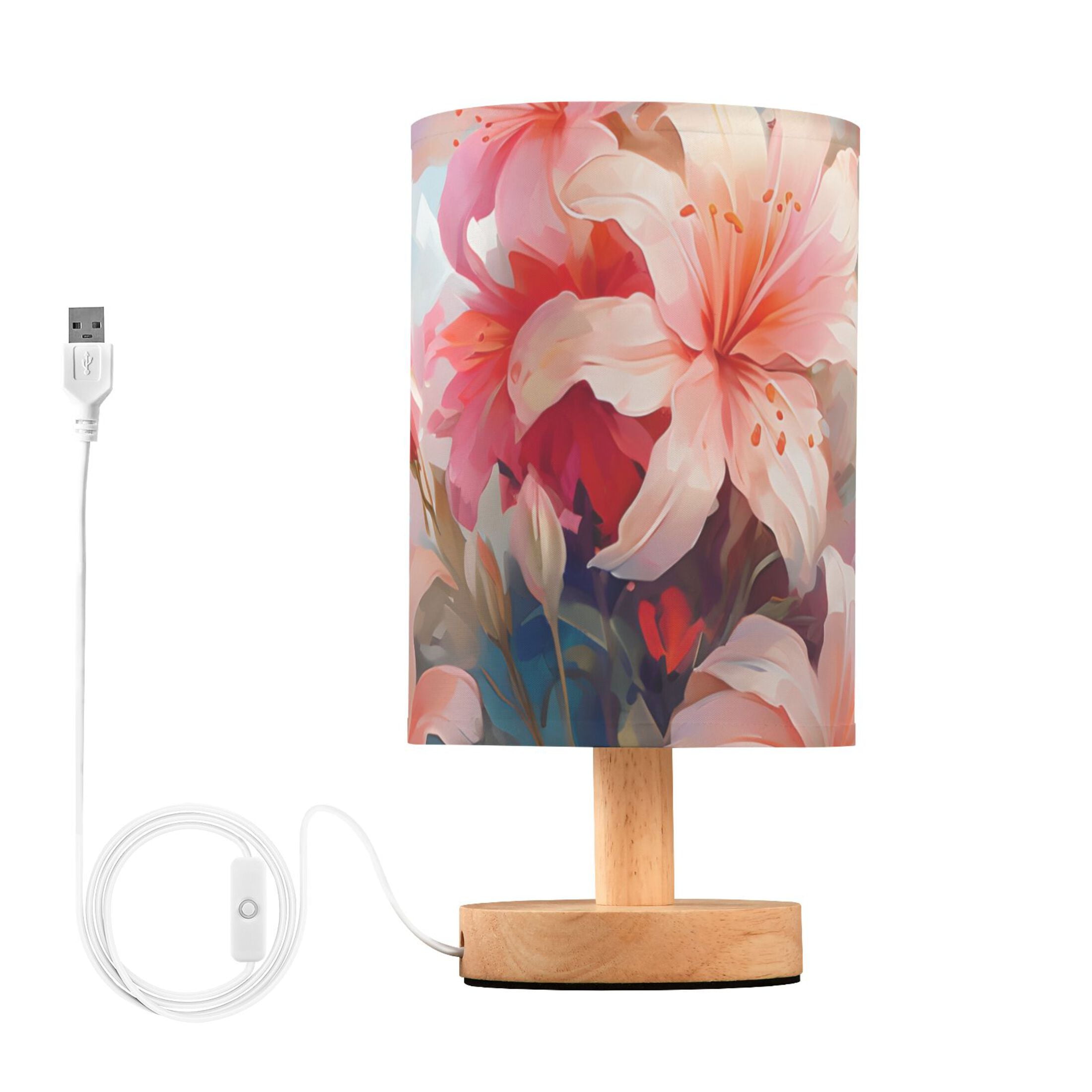 Lily Flowers Pink Bedside Table Lamp LED Warm Lights with USB Charging ...
