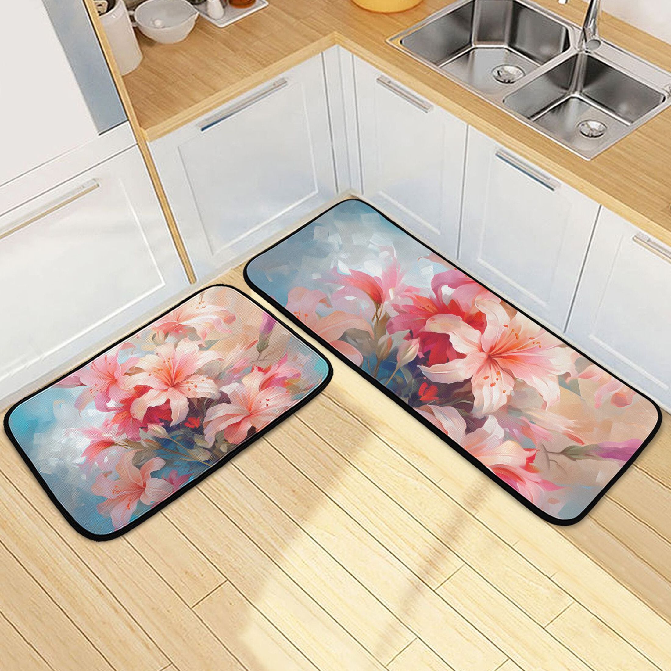 Lily Flowers Pink Kitchen Rugs Set of 2 Non Slip Floor Foam Mat ...