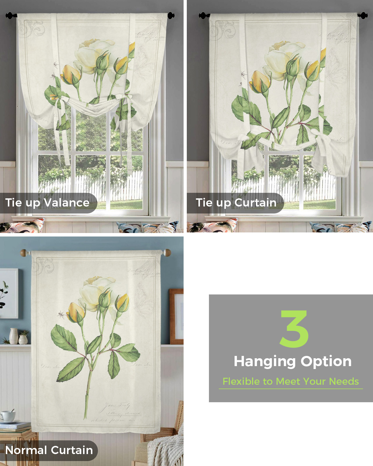 Lily Green Leaves Flower Window Curtain for Living Room Bedroom Balcony ...
