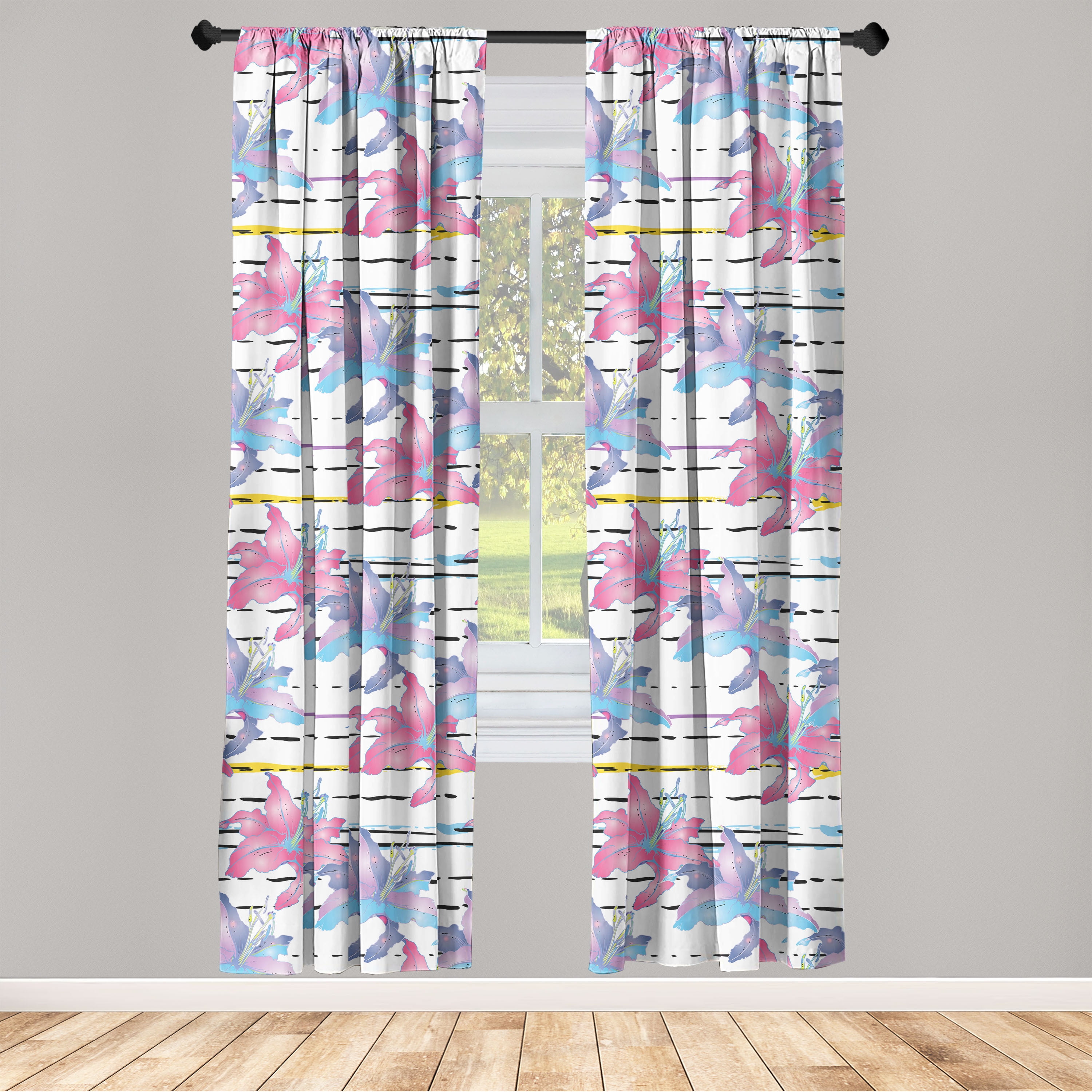 Lily Pattern Window Curtains, Botany Inspired Flowers Boho Pattern on ...