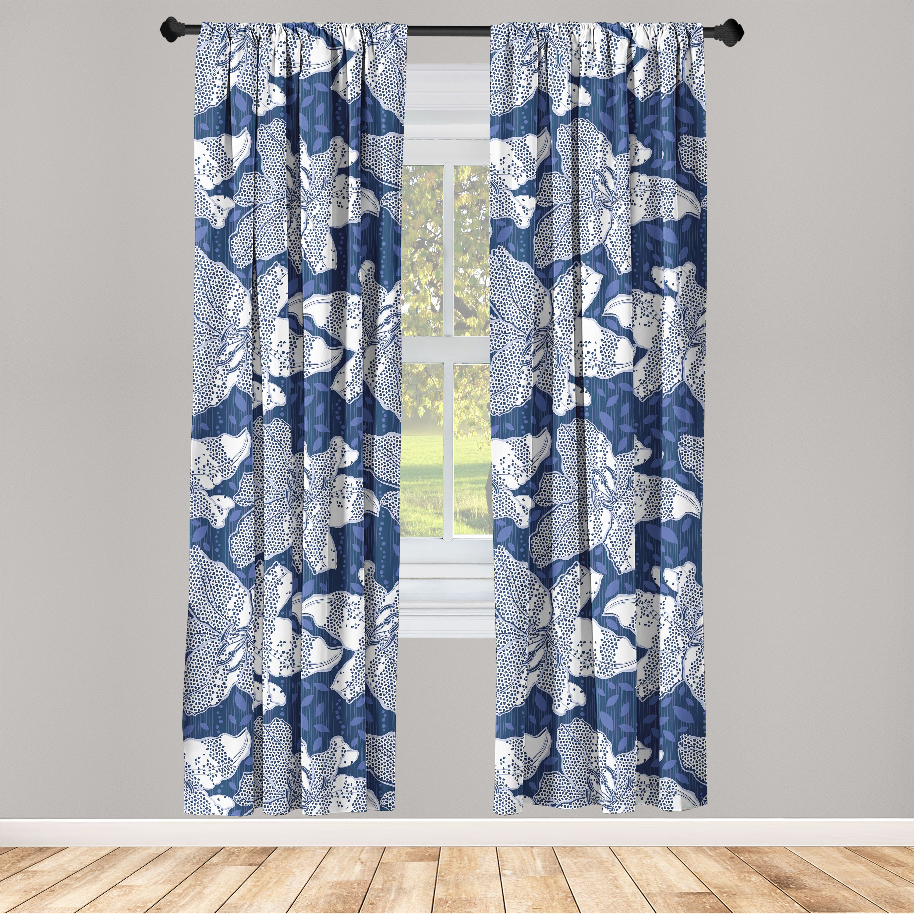 Lily Pattern Window Curtains, Retro Wave Inspiration Dotted Flowers ...