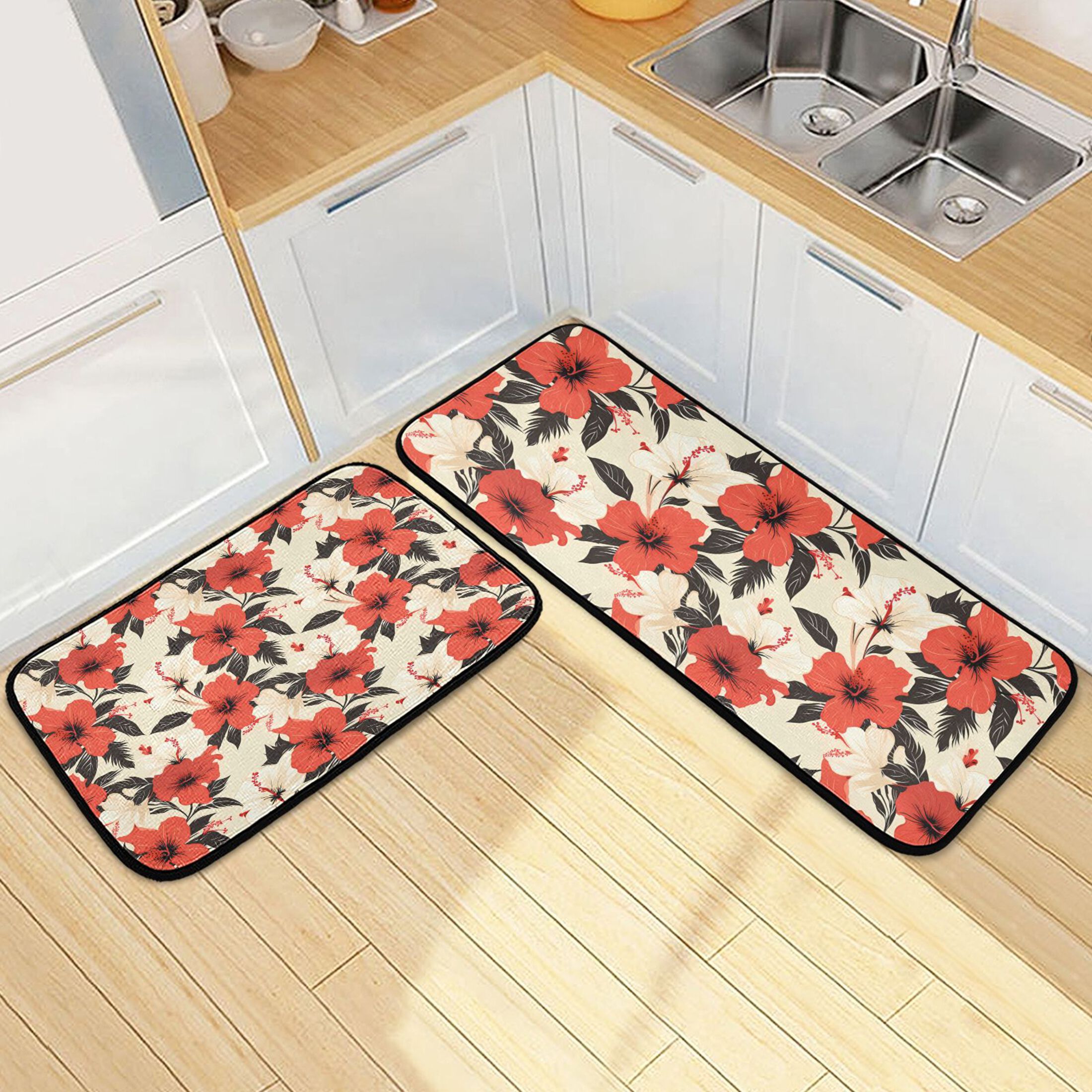 Lily Red Flowers Floral Kitchen Mats Set 2 Piece Non Slip Floor Foam ...