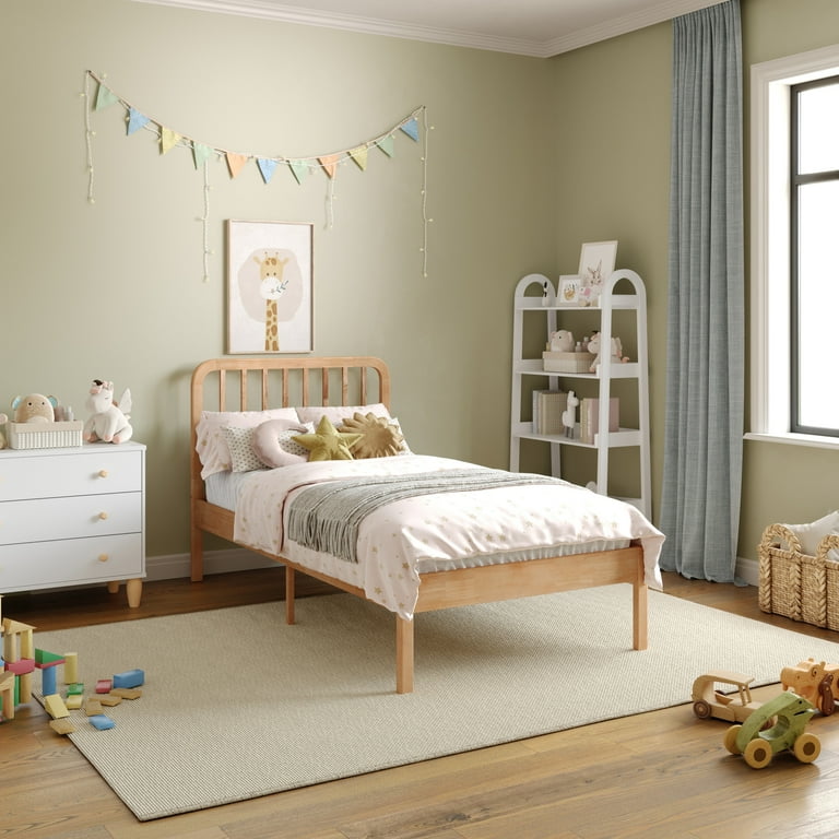 Buzz Bloom Kids Twin Size Platform Bed with Rectangular Wood Slat Headboard Natural Walmart