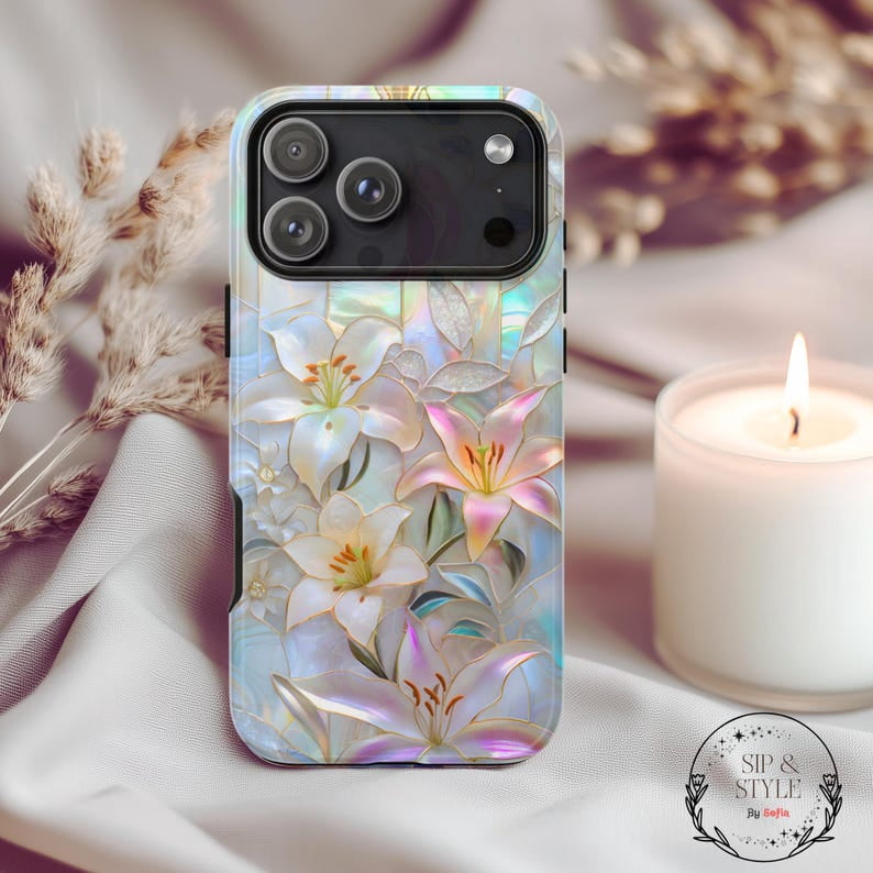 Lily Stained Glass Print Tough Phone Case: Iridescent Floral Art ...