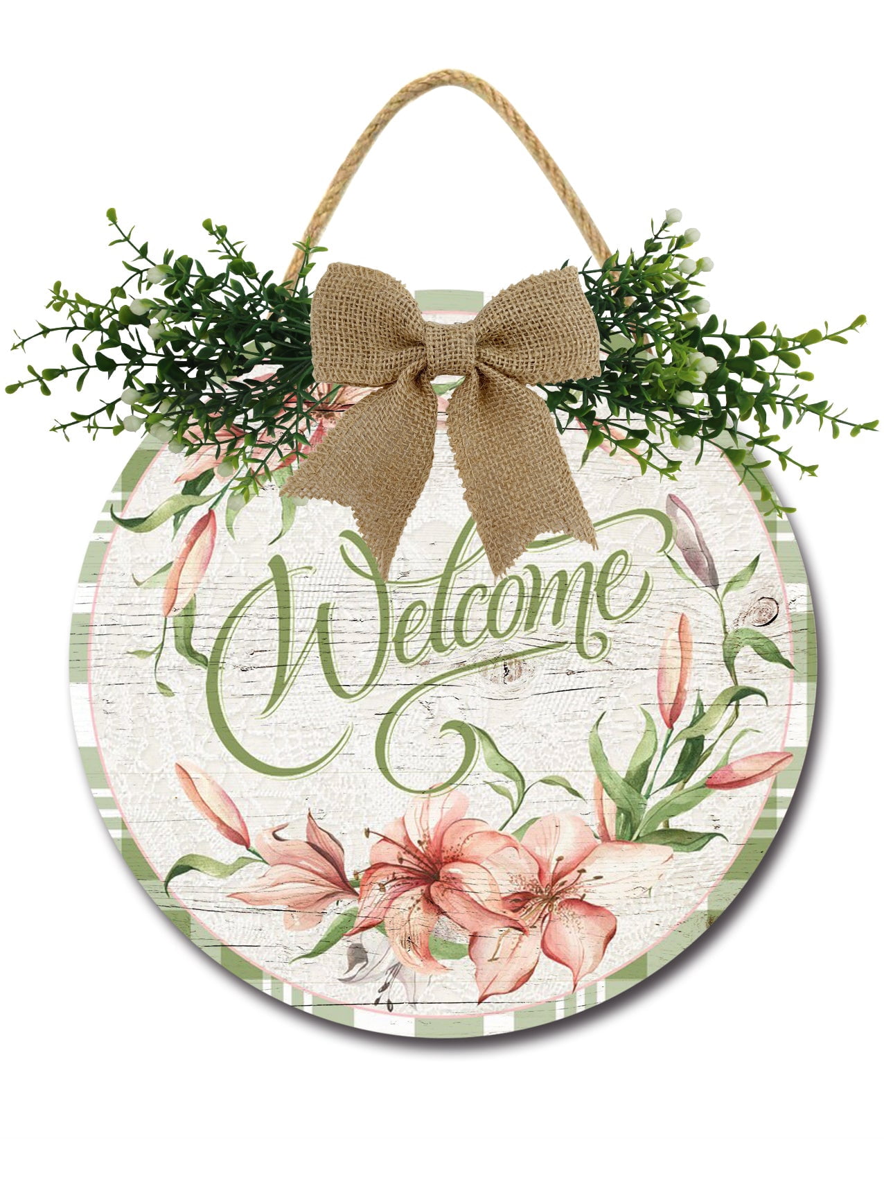 Lily Welcome Sign Front Door Porch Decorations, Round Rustic Wood ...