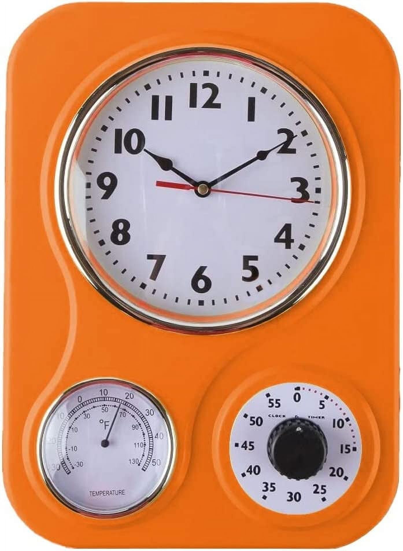 Lily's Home Retro Kitchen Wall Clock with Temperature and Timer (Orange ...