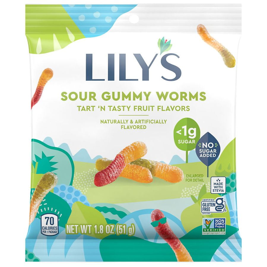 Lily's No Sugar Added, Sour Gummy Worms, Bag Assorted Fruit 1.8 oz Pack ...