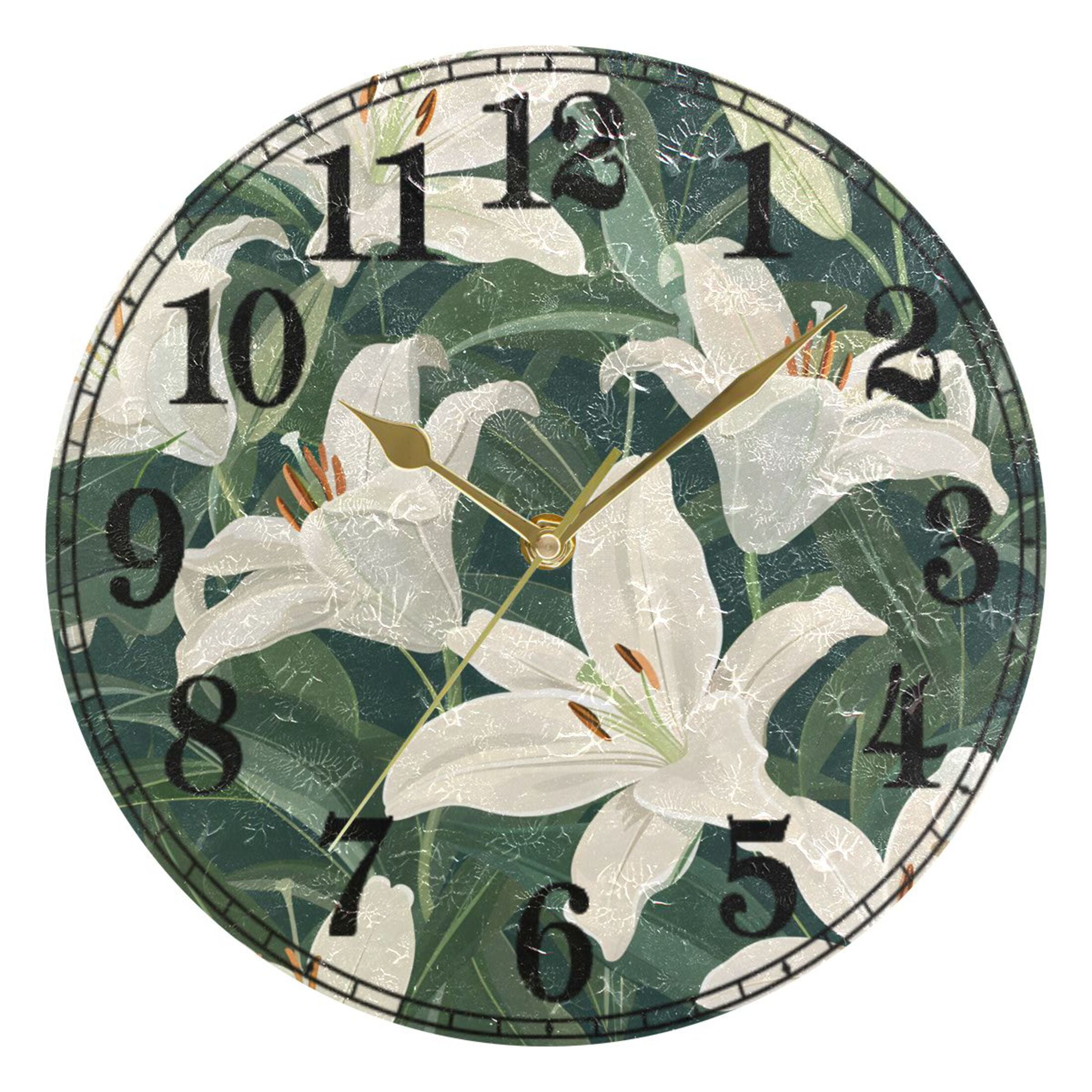 Lily with Leaves Silent Wall Clock 10" Non-Ticking Battery Clock ...