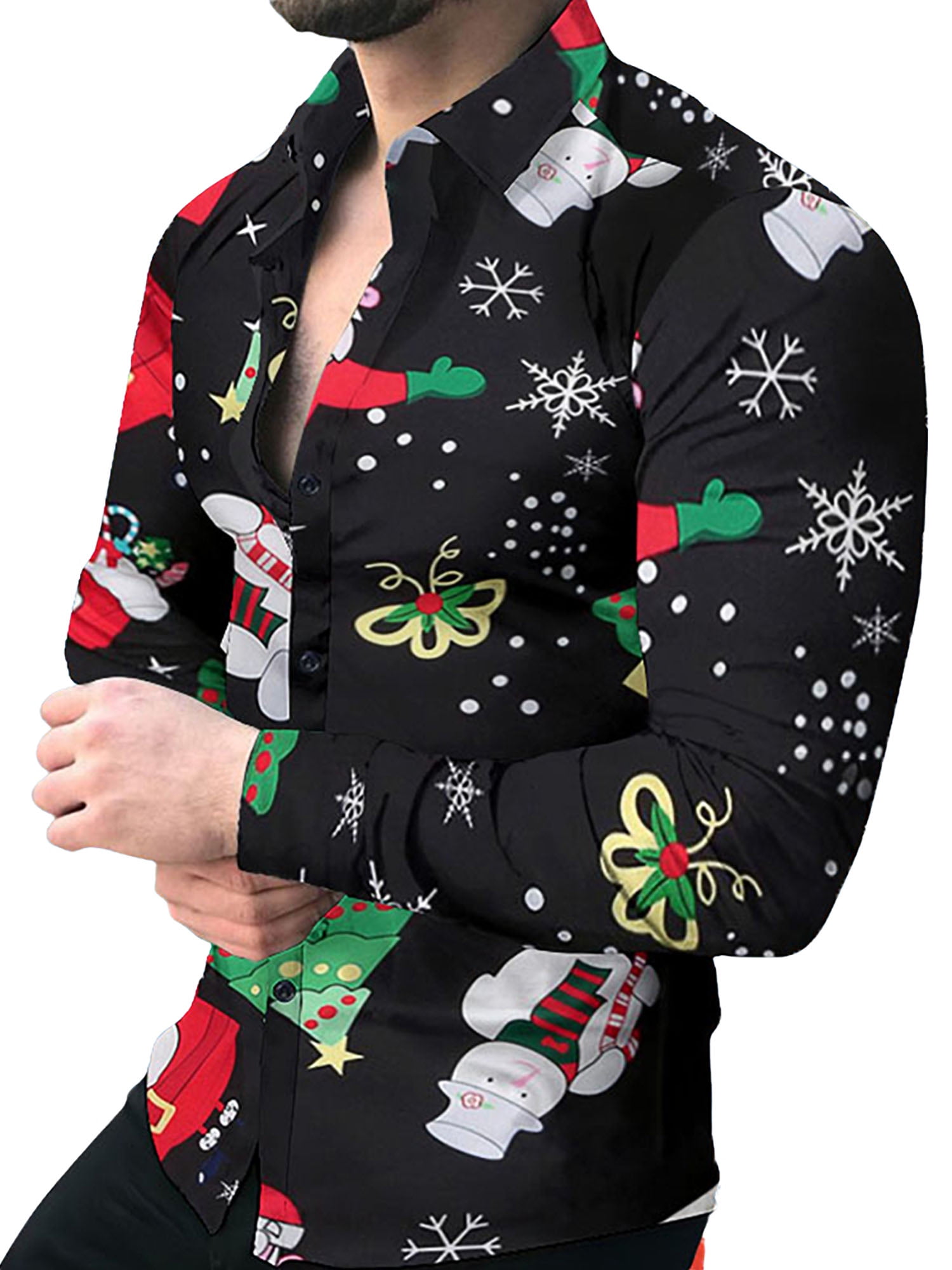 LilyLLL Christmas Men Santa Claus Print Shirt Long Sleeve Button Down T ...