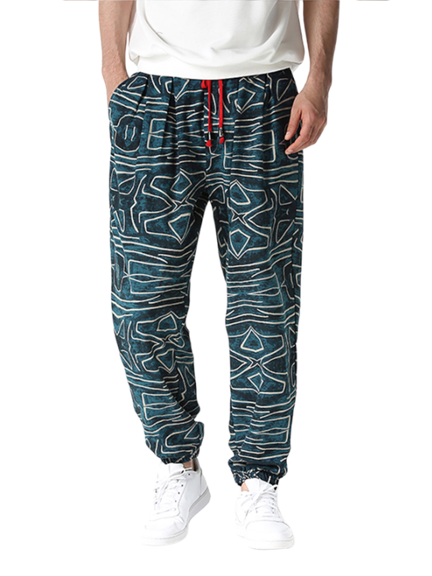 LilyLLL Mens Retro Printed Cotton Linen Relax Fit Casual Harem Pants ...