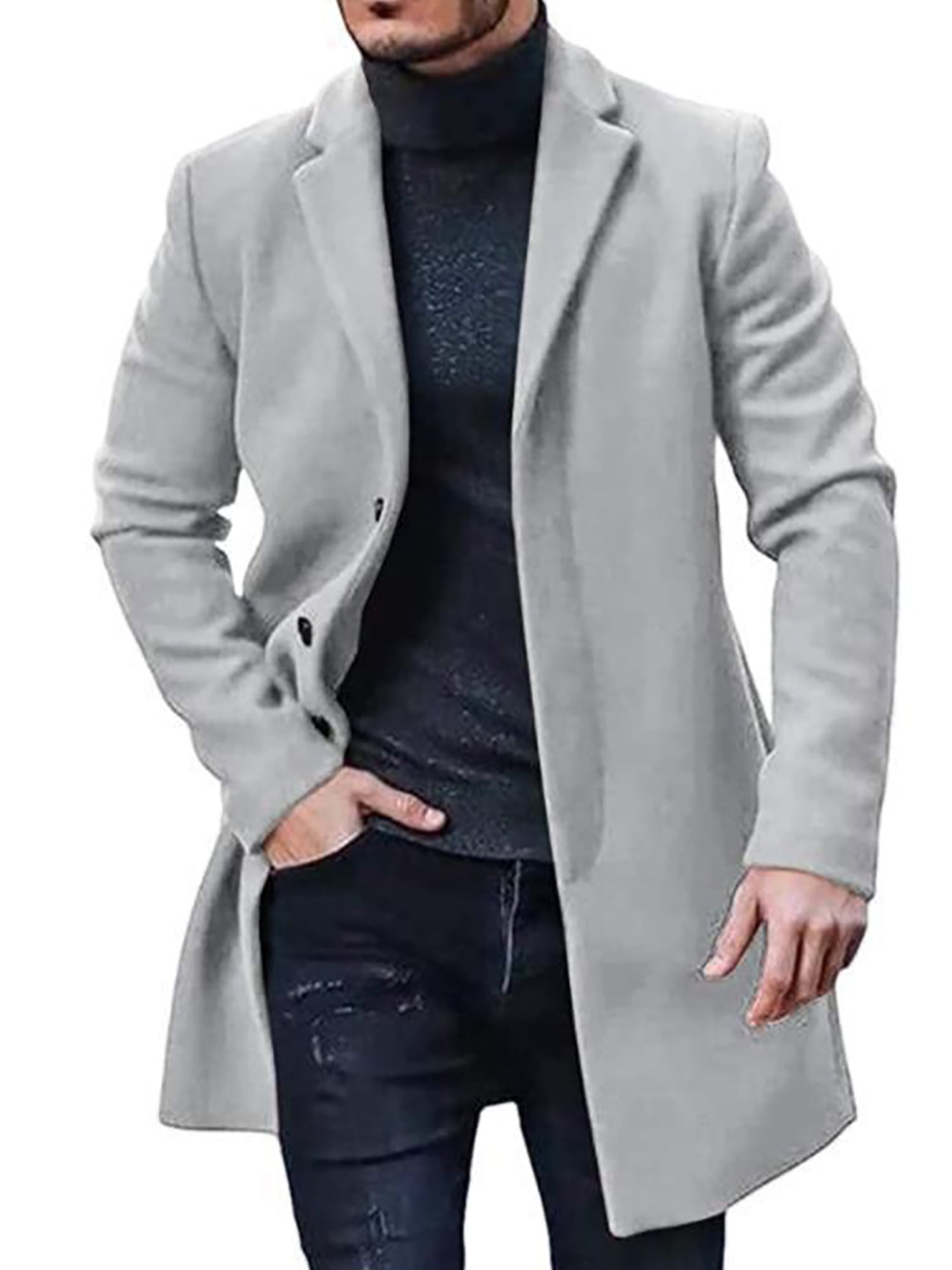 LilyLLL Mens Winter Warm Wool Overcoat Single Breasted Lapel Trench ...