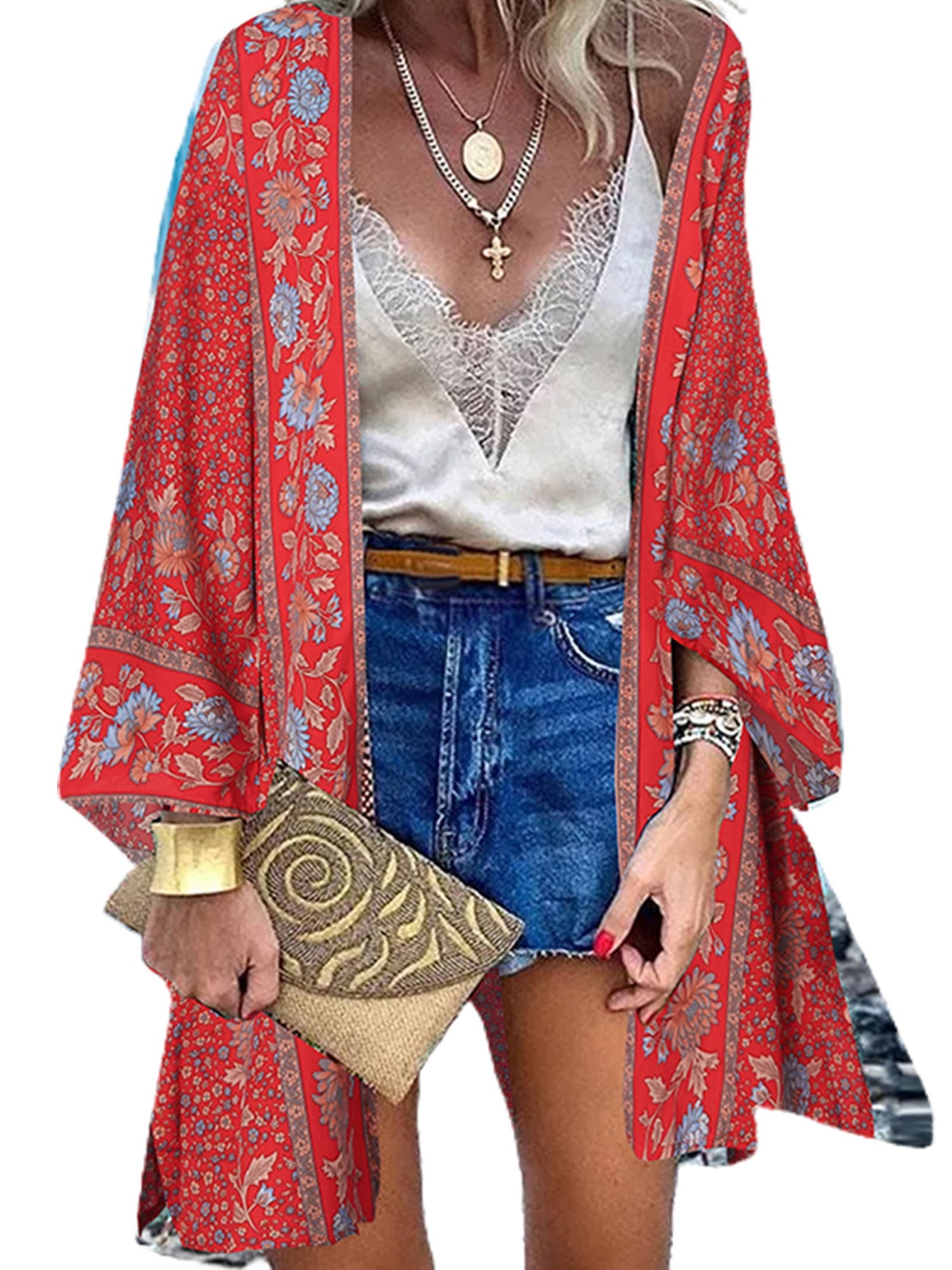 LilyLLL Plus Size Womens Boho Floral Cover Up Blouse Kimono Open Front ...