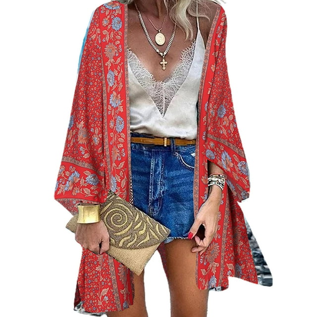 LilyLLL Plus Size Womens Boho Floral Cover Up Blouse Kimono Open Front ...