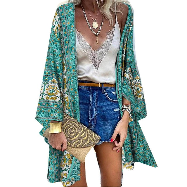 LilyLLL Plus Size Womens Boho Floral Cover Up Blouse Kimono Open Front ...