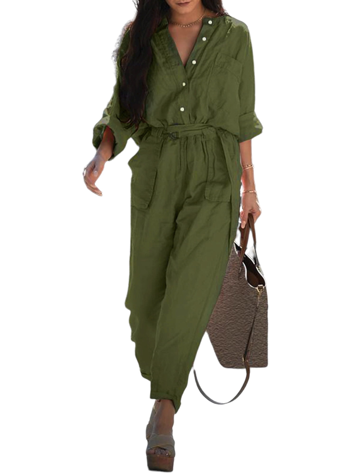 LilyLLL Plus Size Womens Cotton Linen Belted Combat Cargo Pants Buttons ...