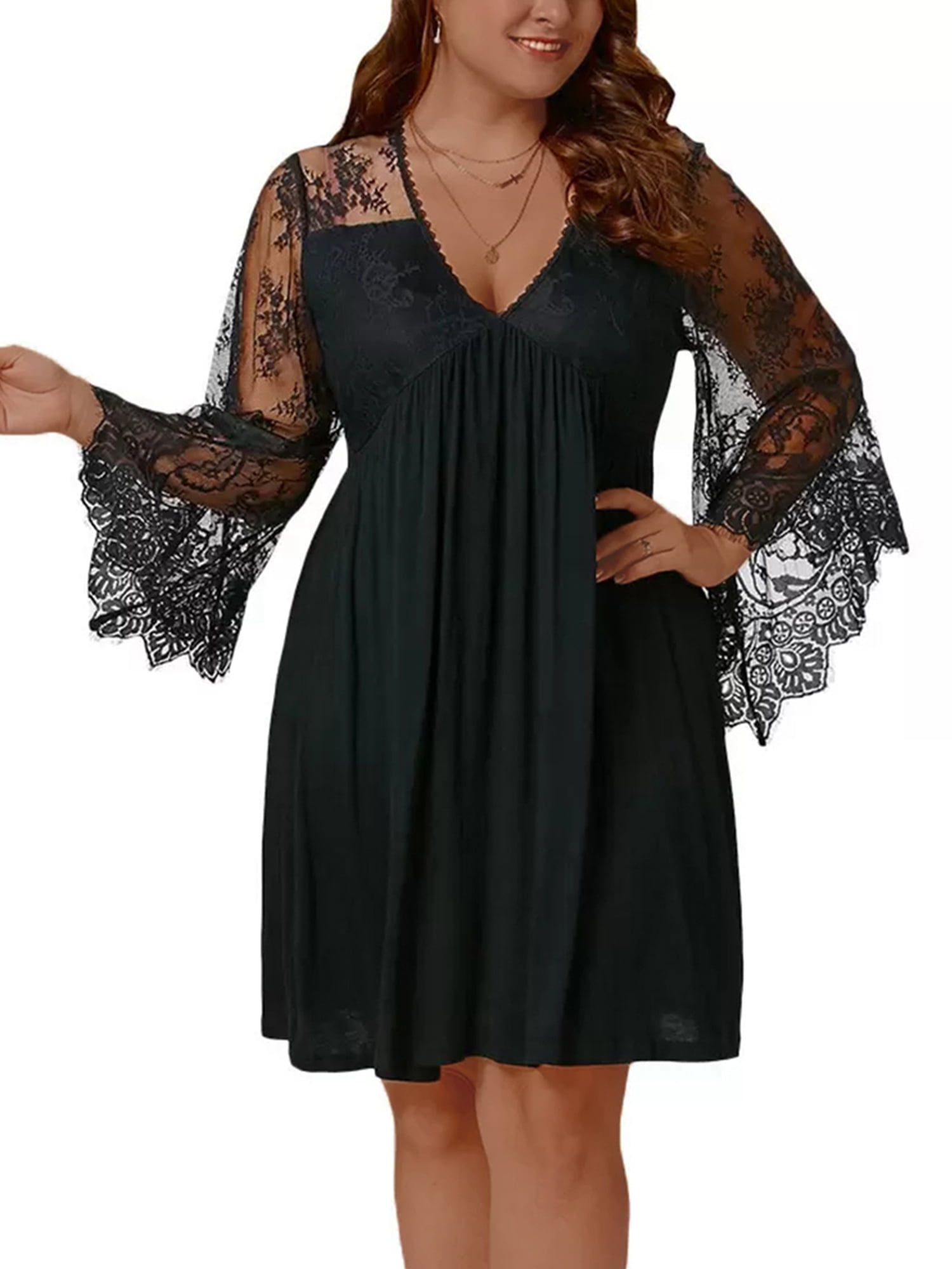 LilyLLL Plus Size Womens Flared Sleeve V Neck Lace Sheer Casual Mini ...