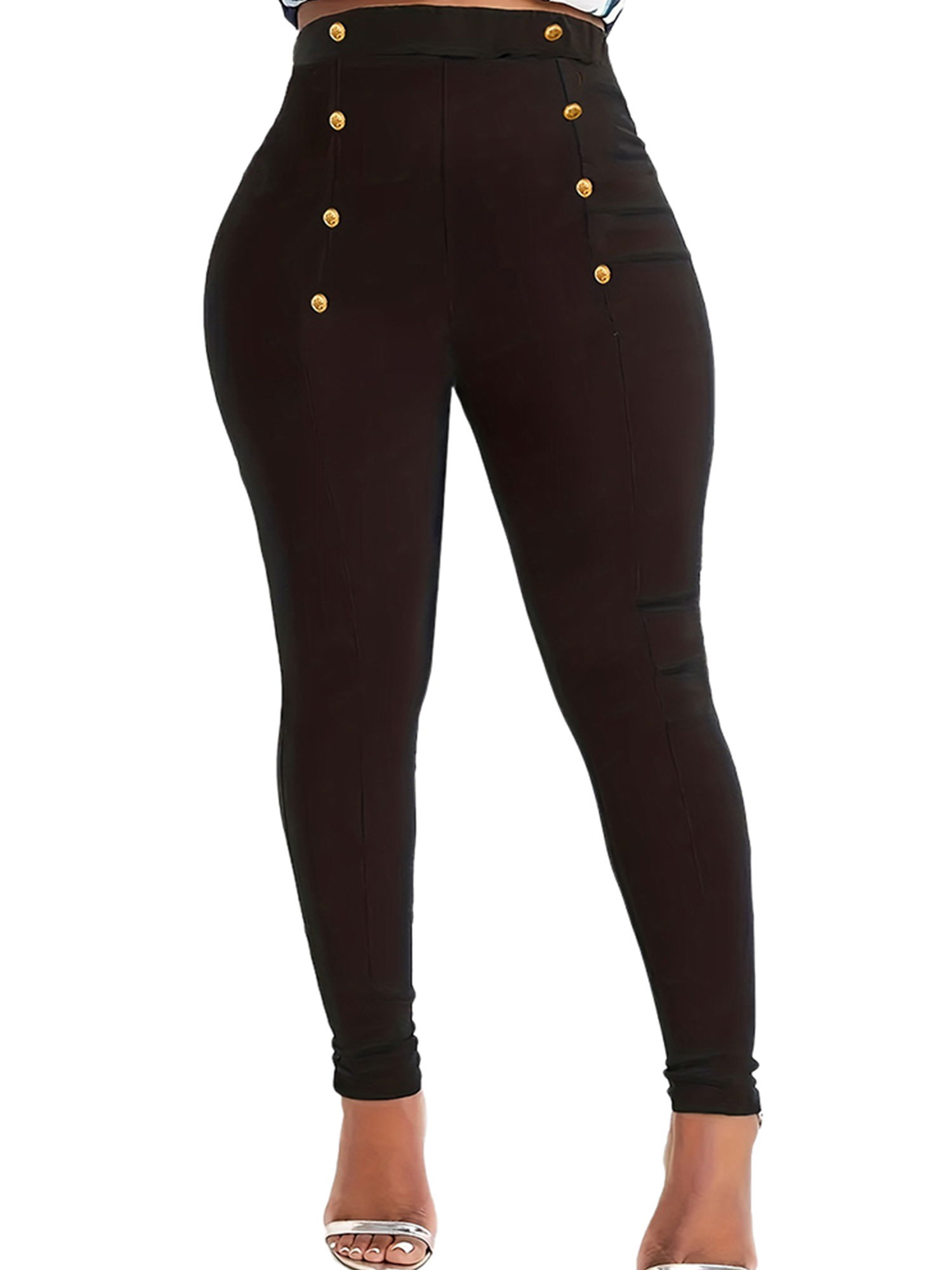 LilyLLL Plus Size Womens High Waist Solid Color Buttons Leggings Pants ...